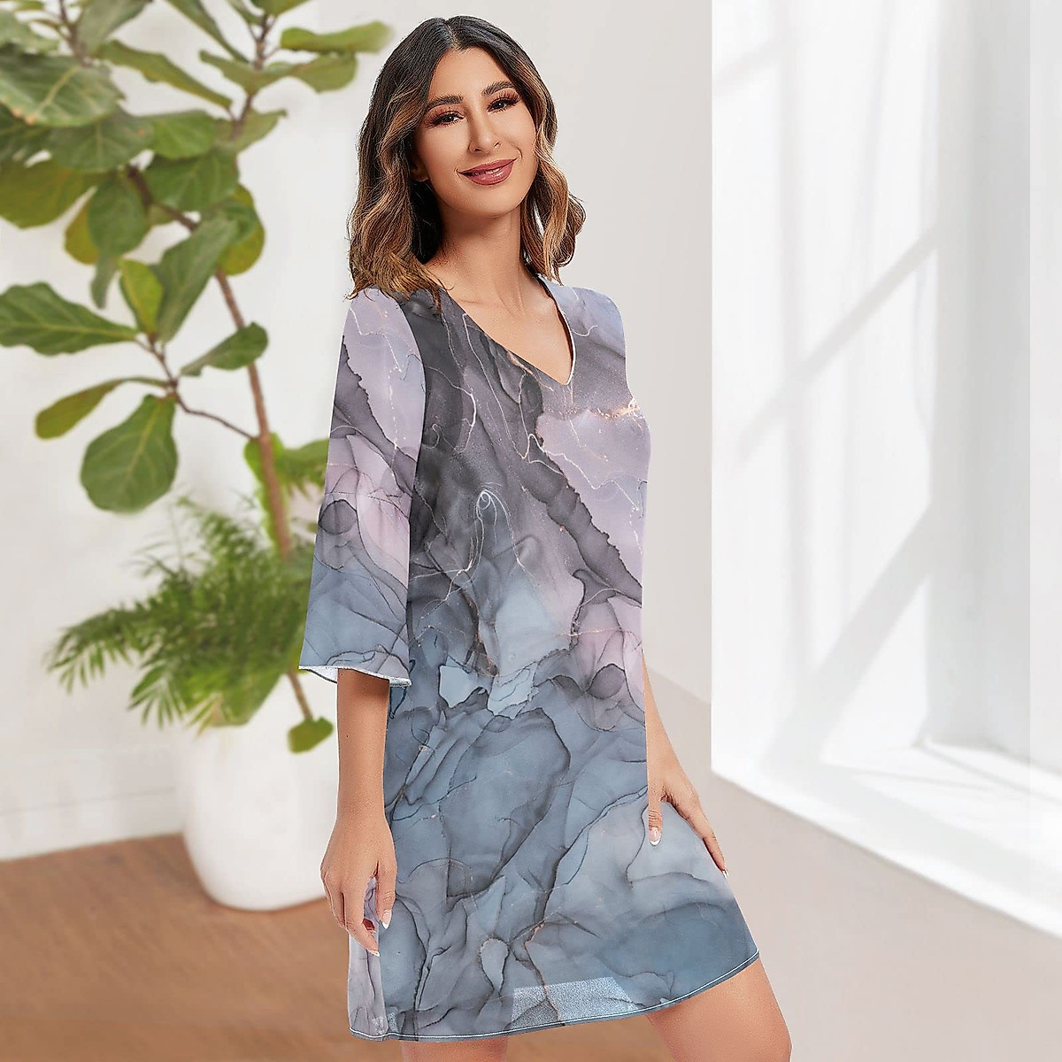 Mixing Acrylic Paints Modern Fluid Alcohol Ink Art Marble Stone Women V Neck Chiffon Dress, Casual Loose Breathable Mini Flowy Shift Dresses, Long Sleeve A Line Dress Sun Dress(L)