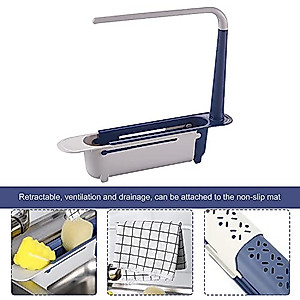 GDSAFS Updated Telescopic Sink Storage Rack, Adjustable Length Drainer Sink Storage Tray Sponge Soap Holder with Dishcloth Hanger Expandable Storage Drain Basket for Home Kitchen (Blue)