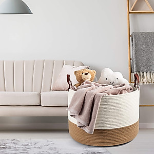 Extra Large Cotton Rope Basket KRUIO Collapsible Woven Laundry Basket with Handles for Laundry, Nursery, Toys, Towels, Blankets and Pillows Even More, Rope Storage Basket(20”x13”, Beige/Hemp Yellow)