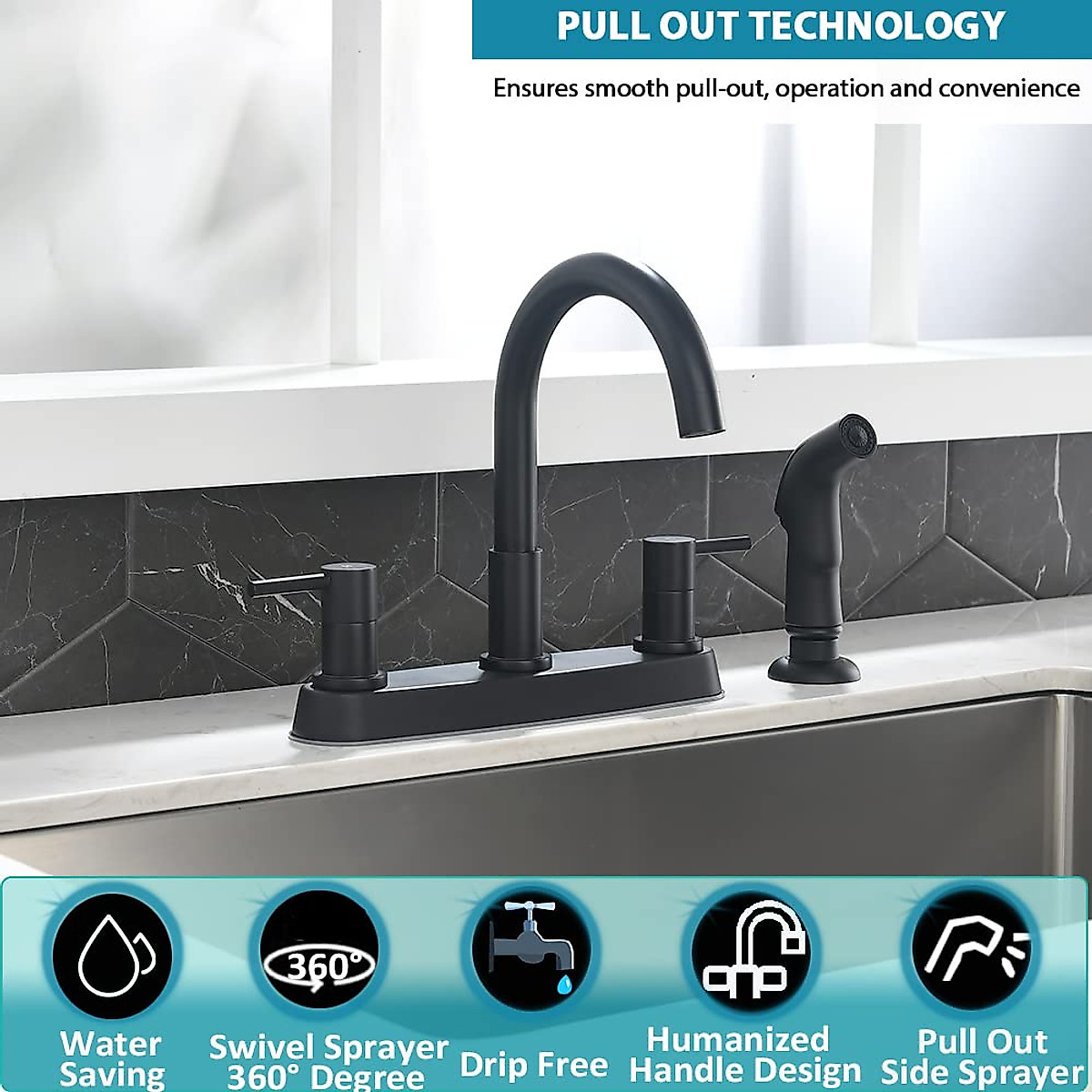 Black Kitchen Faucet, Matte Black Kitchen Faucet with Sprayer, 3 Hole or 4 Hole Matte Black Faucet for Kitchen Sink, Touch Kitchen Faucet with Side Sprayer, TDLKF033B
