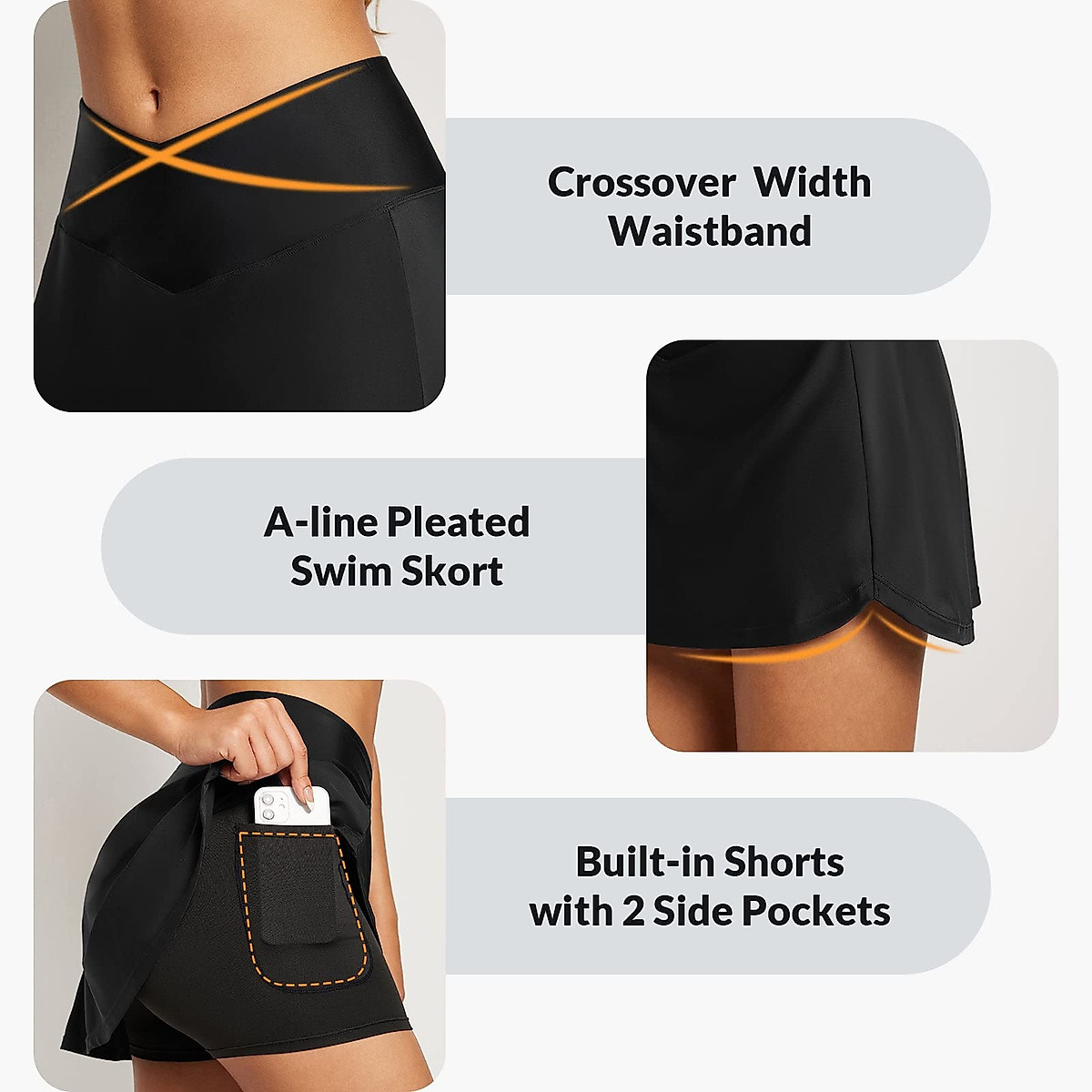 baleaf Women's Swim Skirt Bottoms High Waisted Bathing Suit Swimsuits Skirts Pleated Swim Skorts with Pockets Black S