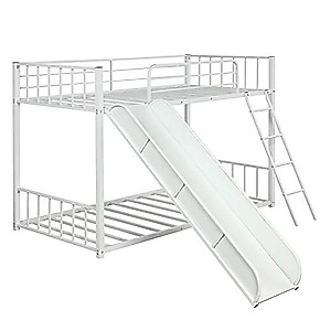 Metal Loft Bunk Bed with Slide and Ladder, Multifunctional Design, with Safety Guard Rails for Kids Teens Adults/Easy to Assemble/No Box Spring Required (White)