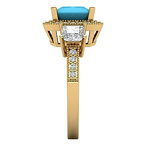 Clara Pucci 2.93 ct Cushion Cut Halo 3 stone Genuine Simulated Turquoise Engagement Promise Anniversary Bridal Ring 18K Yellow Gold 5.25