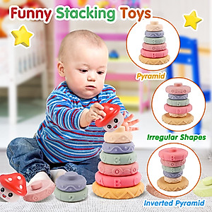 Baby Toys 6 to 12 Months 7Pcs Stacking Rings Montessori Toys for 1 Year Old Girls Boys, Soft Baby Teething Toys with Mushroom Head, Infant Sensory Educational Toys for Toddlers 1-2 Kids Birthday Gifts