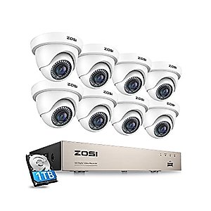 ZOSI 8CH 1080P Security Camera System with Hard Drive 1TB,H.265+ 8 Channel 5MP Lite HD-TVI DVR Recorder and 8pcs 1920TVL Weatherproof CCTV Dome Cameras Indoor Outdoor, 80ft Night Vision,Remote Access