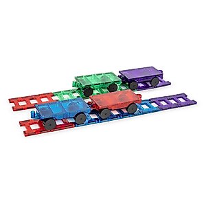 Playmags Magnetic Tiles Train Set, 20 Piece Accessory Set Includes 4 Trains, Stronger Magnets, Building Blocks Add-On, STEM Toys for Kids.