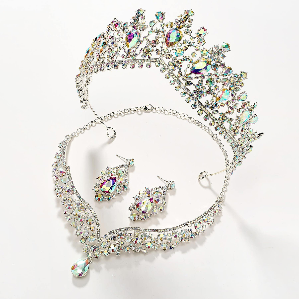 SWEETV Wedding Crown for Bride, 3-pack Tiara Earrings Necklace, Bridal Jewelry Set, Iridescent Crystal Costume Party Birthday Prom Pageant Jewelry for Women,Multicolored