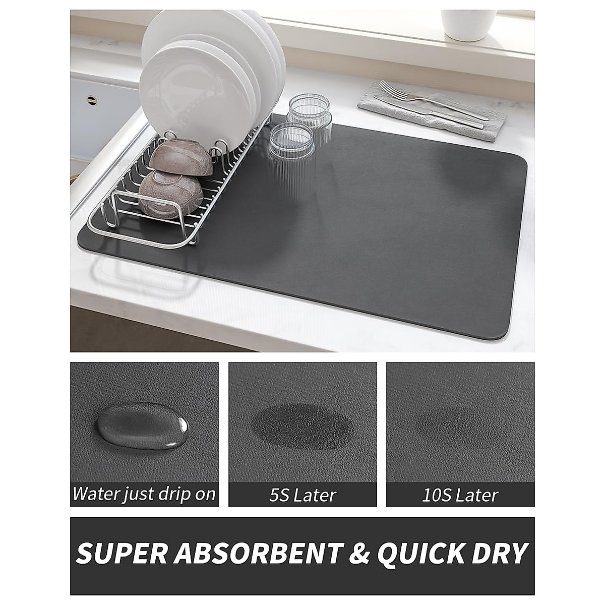 AMOAMI-Coffee Mat Hide Stain Rubber Backed Absorbent Dish Drying Mat for Kitchen Counter-Coffee Bar Accessories Fit Under Coffee Maker Coffee Machine Coffee Pot Espresso Machine Dish Rack 12"x19