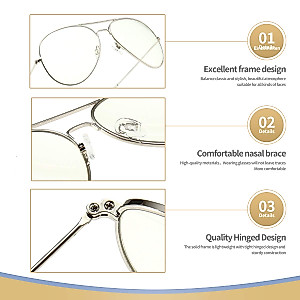 Dollger Aviator Blue Light Blocking Glasses Clear Lens Non Prescription Metal Frame Eyewear for Men Women Silve