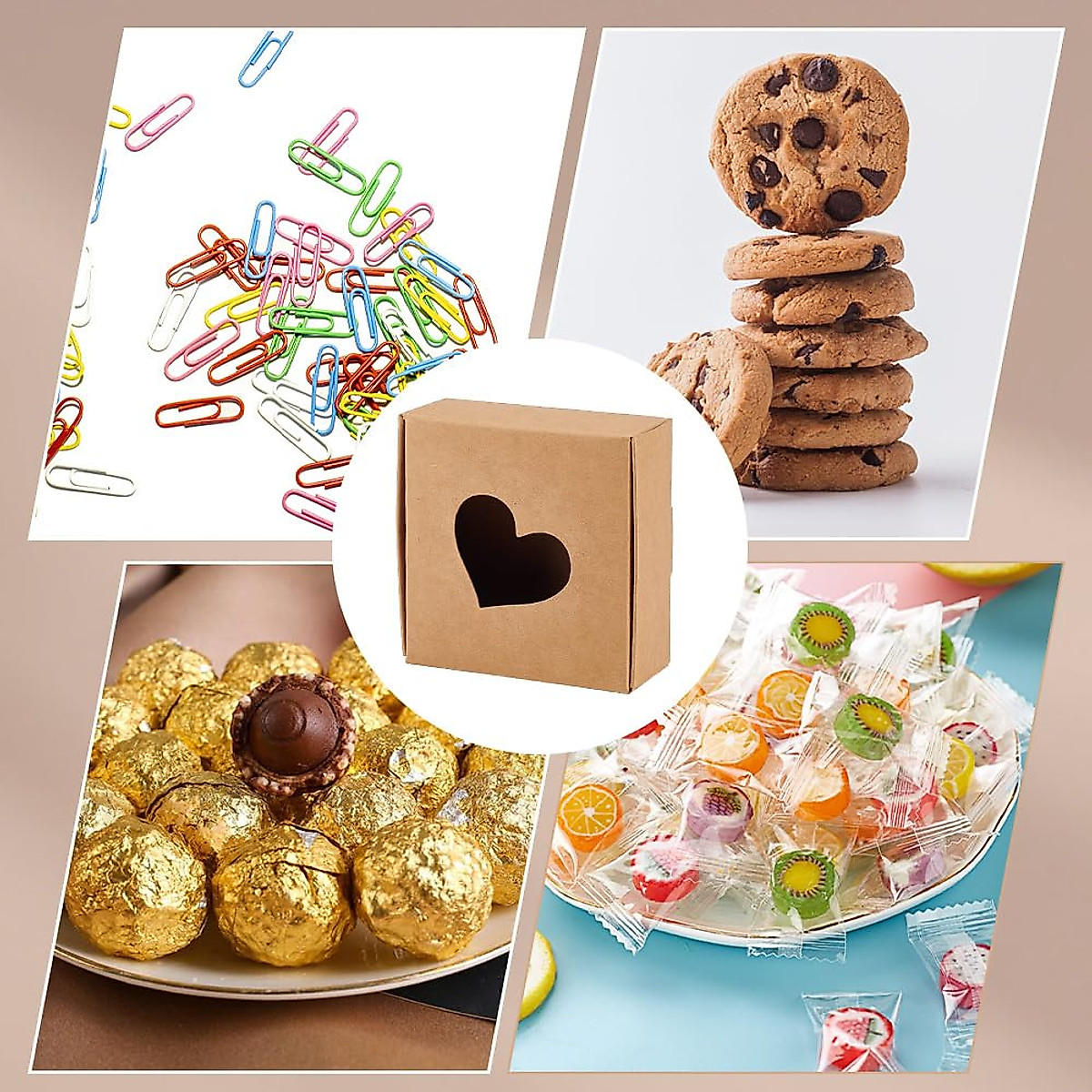 BENECREAT 30 Packs Kraft Paper Boxes with Heart Shape Hole (No Film) 3x3x1.2 Cardboard Gift Boxes for Wedding Party Favor Treats and Jewelry Packaging