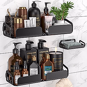 Bathroom Shower Organizer, YASONIC 3-Pack Strong Adhesive Shower Caddy with Soap Holder and 8 Hooks, No Drilling Wall Mounted Rustproof Stainless Steel Shower Shelf, for Inside Shower, Bathroom, Black