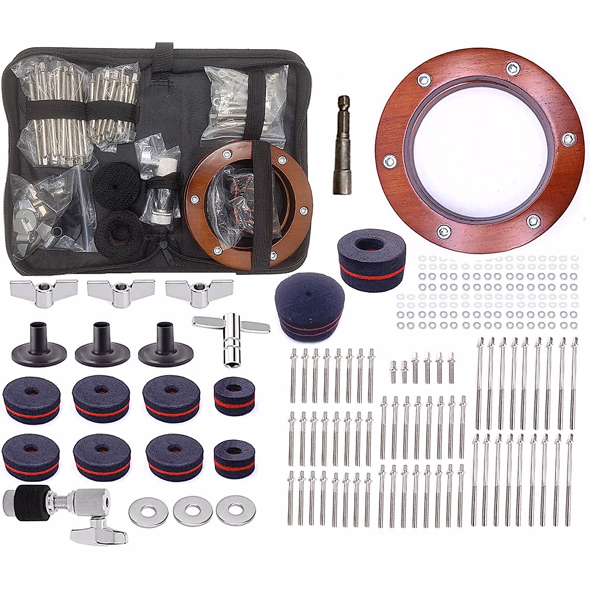 Jiayouy Drum Set Parts Hardware Pack 64pcs Tension Rods(15mm-90mm) Bass Drum Porthole Protector Cymbal Felts Hi-Hat Clutch Washer Sleeves and Base Wing Nuts Cymbal Replacement Accessories