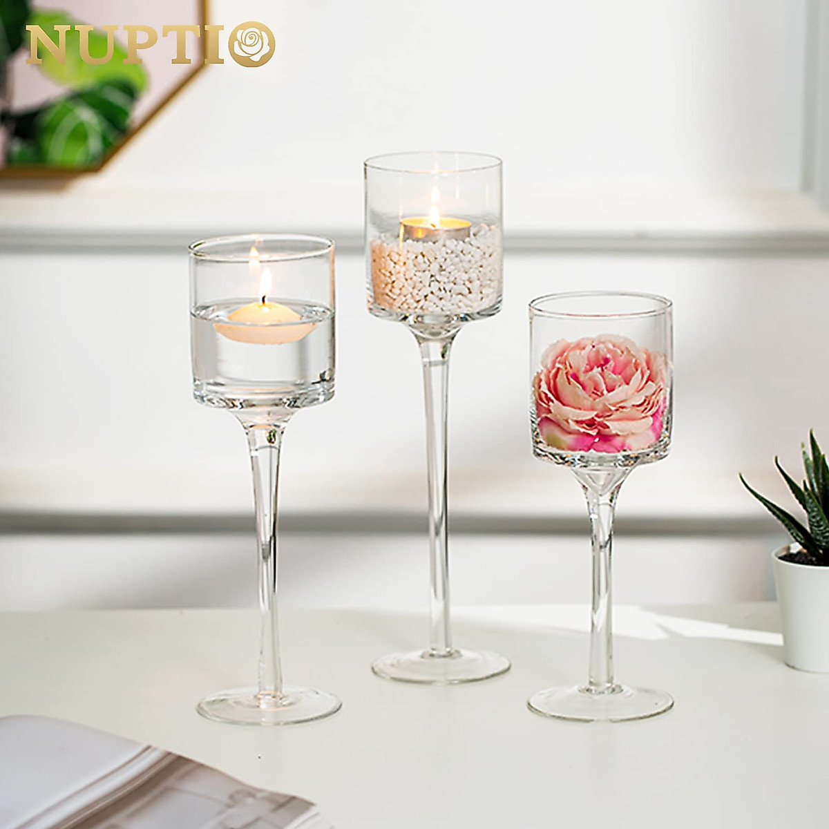 Nuptio Tall Glass Pillar Candle Holder - 30 Pcs Tea Light Candle Holder Set for Table Centerpiece Decor Long Stem Tealight Candle Holders Clear Floating Candle Holder for Wedding Event Home