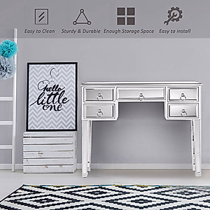 MTFY Mirrored Console Table,Mirrored Makeup Vanity Table Desk, 5 Drawer Media Console Table for Women Home Office Writing Desk Smooth Finish with Ring Knobs (5 Drawer,Silver)