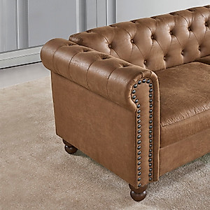 RUNOLIG Chesterfield Sofa, Vintage Tufted Couch with Button Tufted Back and Roll Arms, 3 Seater Couch with Nailhead Trim and Solid Wood Legs, Upholstered Sofas for Living Room, Apartment (Brown)