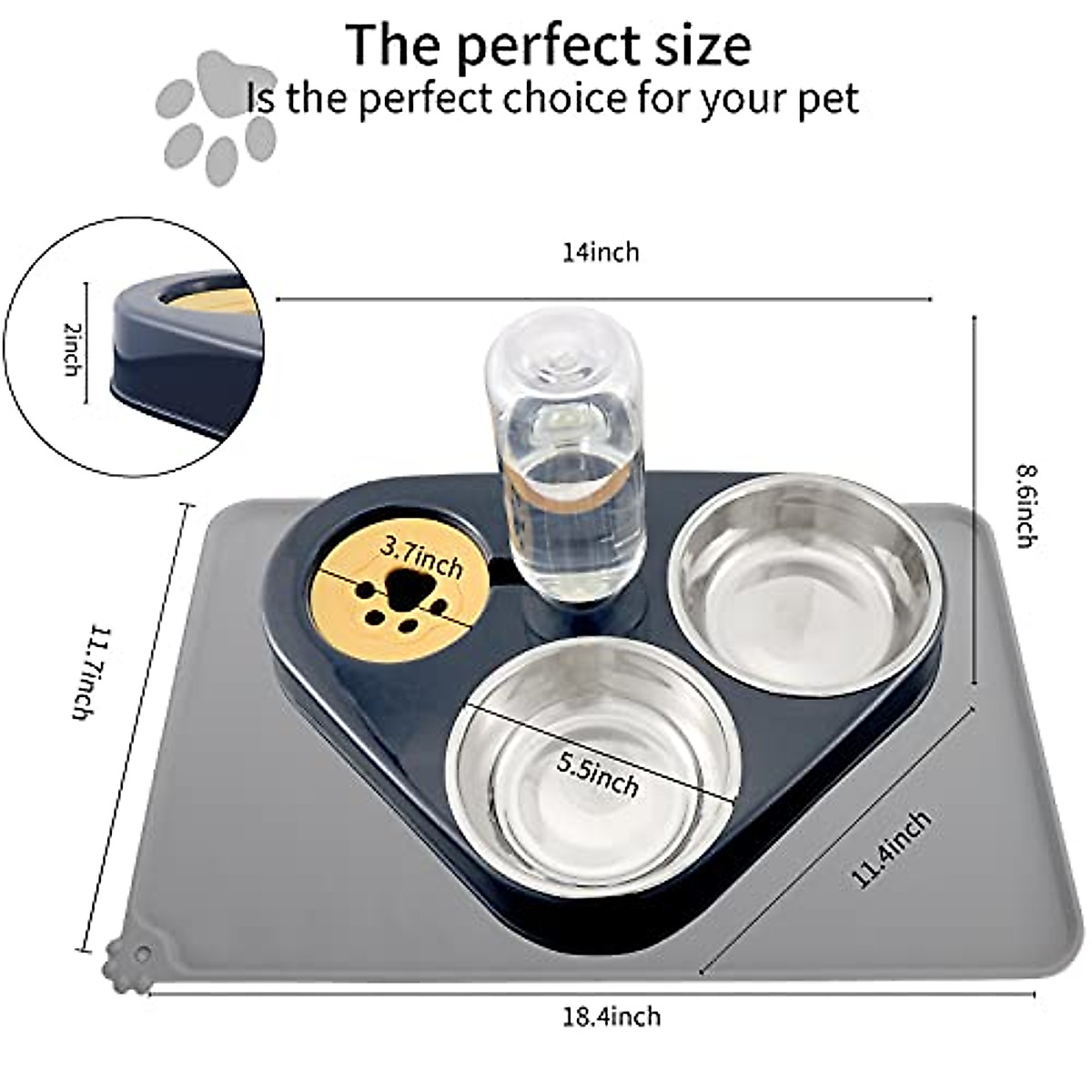 GaoFan Triple Dog Cat Bowls Set, Two Detachable Stainless Steel Bowls, with Automatic Water Dispenser Plus No Spill Non Skid Waterproof Silicon Mat for Small Medium Size Dog Cat