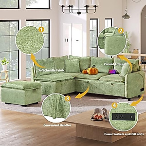 FANYE L-Shaped Corner Chenille Upholstered Sleeper Sectional Sofa Practical Convertible Sleep Sofabed W/Pull Out Sleep Couch Bed, Storage Ottoman and USB Charge Ports for Living Room