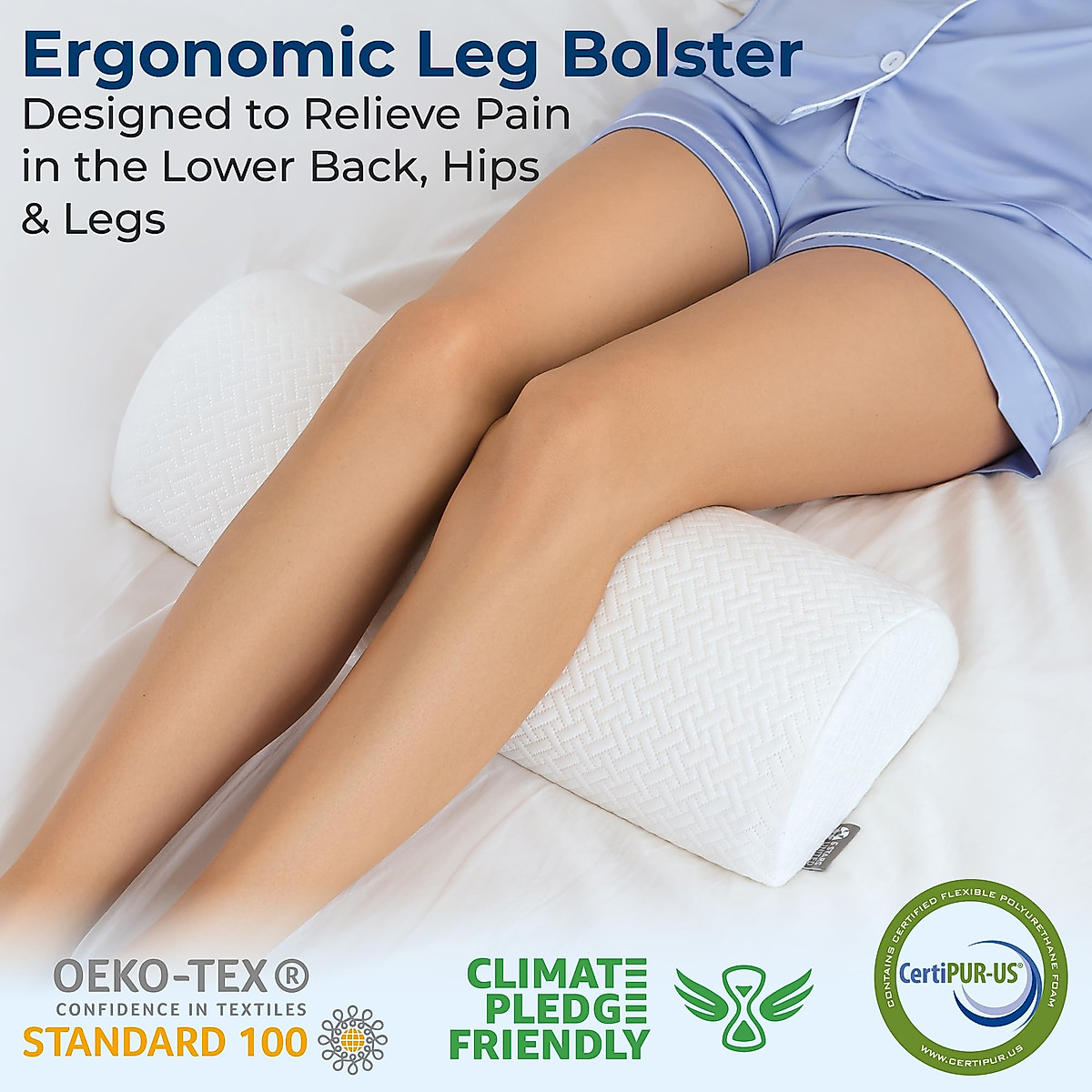 5 STARS UNITED Knee Pillow for Back Sleeping – Memory Foam Cushion for Sciatica Pain Relief – Under Leg Support for Sleeping on Back – Half Moon Bolster for Bed, White