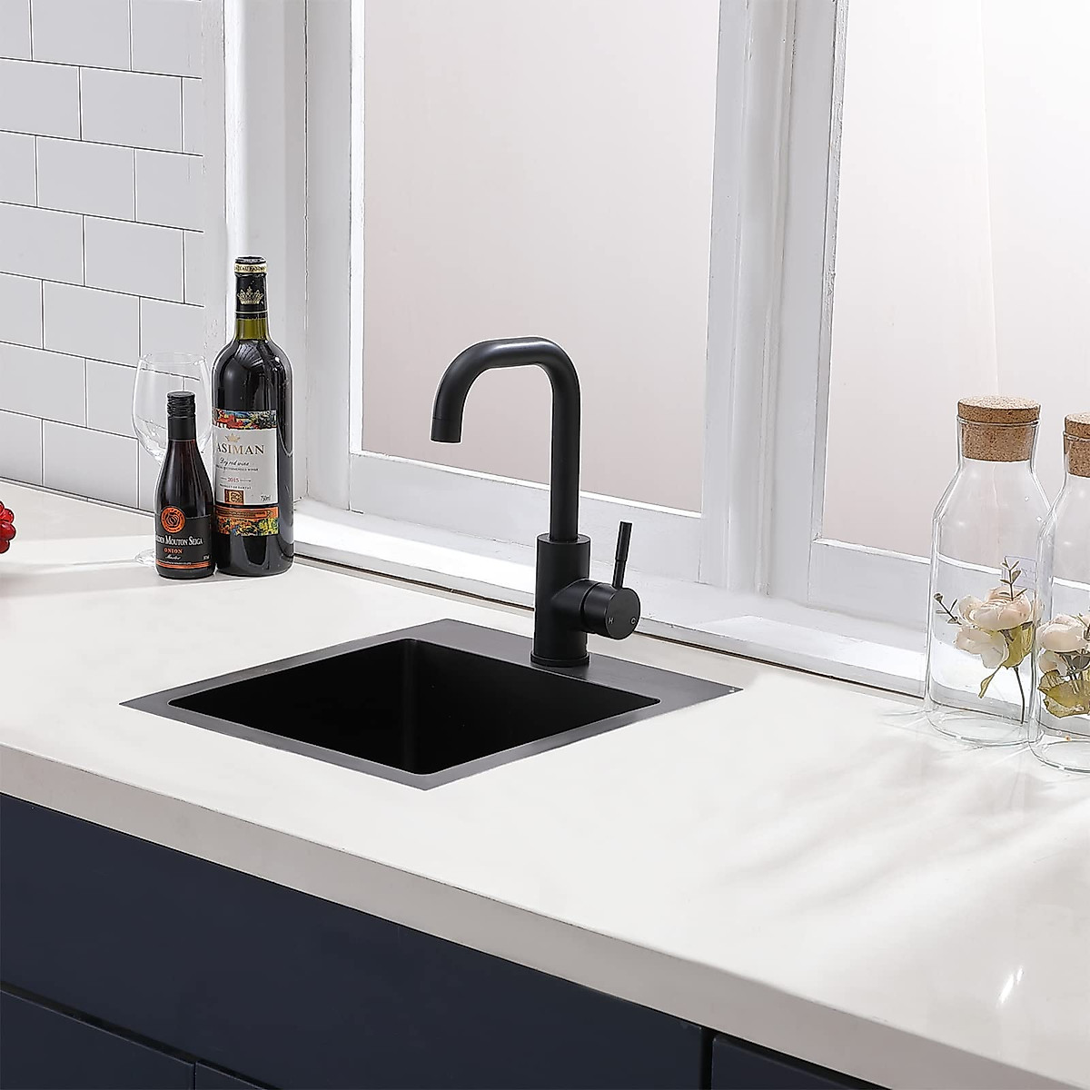 VCCUCINE Black Bar Sink Drop in, 13 x 15 Inch Topmount RV Small Kitchen Sink, Handmade Stainless Steel Wet Bar Sink, Outdoor Single Bowl Prep Sink with Dish Grid & Drain