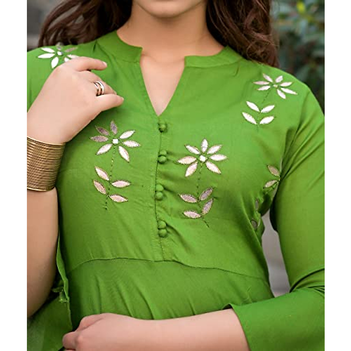 FIDOZA Women's Rayon Printed Anarkali Embroidery Kurti Dress | Pakistani Style Rayon Embroidery Kurti For Women | Ready to wear (Olive Green, M)