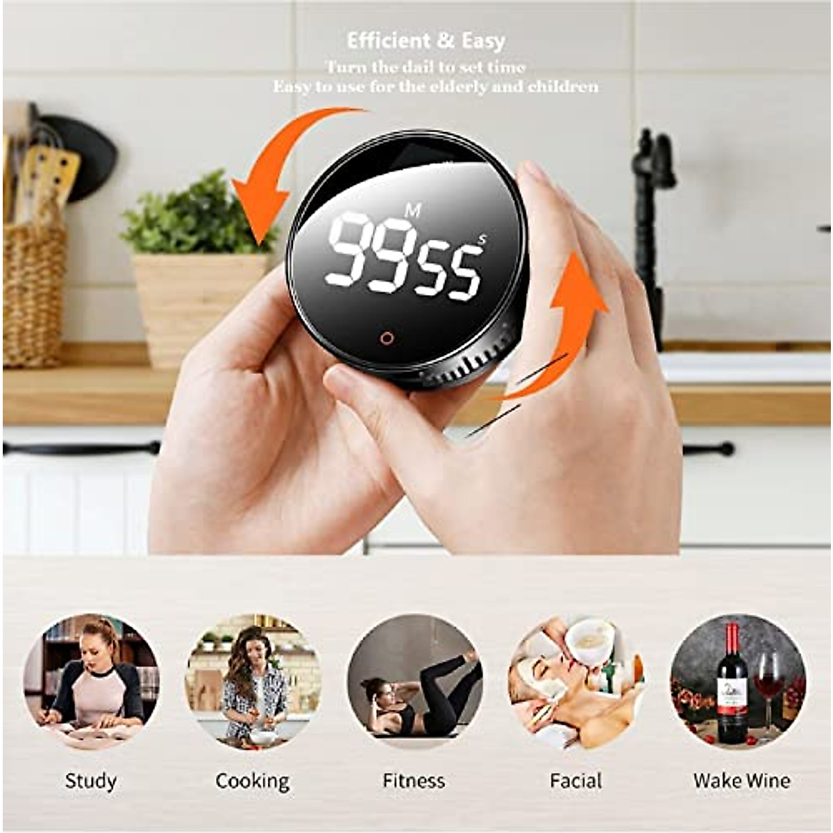Timers, Timer for Kids, Digital Kitchen Timer Magnetic with Large LED Display, Volume Adjustable Countdown Countup Timer for Cooking, Teaching, Classroom Study, Fitness and Oven Black