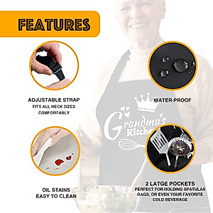 veratwo Chef Apron,Grandma's Kitchen Apron,BBQ Grilling Aprons for Grandma, Funny Crown Print Adjustable Black Apron,Gifts for Grandma's Birthday Christmas Mothers Day