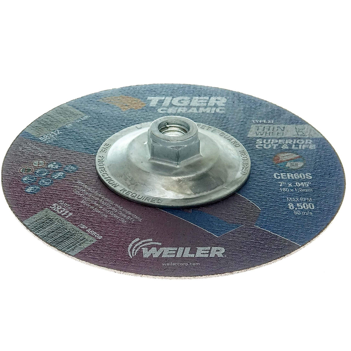 Weiler 58312 7 Inch Cutting Wheel, Tiger Ceramic Stainless Steel Superior Life & Cut Contaminant Free Max Performance Cutting, .060" CER60S Type 27 5/8"-11 Hub, Pack of 10