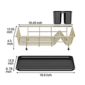 GSlife Dish Drying Rack with Drainboard - Dish Racks for Kitchen Counter, Dish Drainer with Utensil Holder, No Drain Spout, Gold and Black