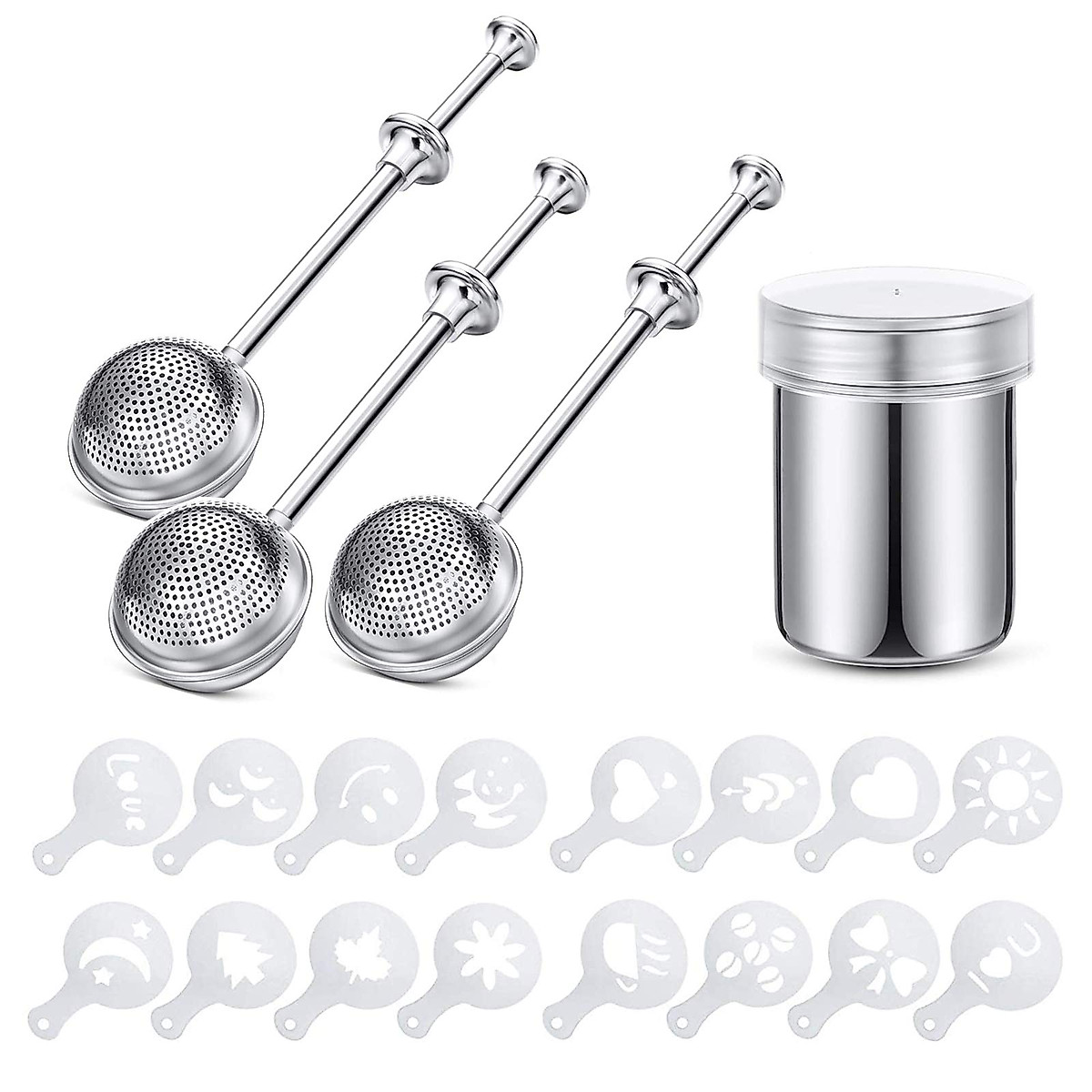 4 Pcs Flour Dusting Wand for Baking Kitchen, Powdered Sugar Flour Duster Dispenser Shaker for Sugar, Flour and Spices, Pick Up and Dust Flour Sifter, 18/8 Stainless Steel, Printing Molds Stencils