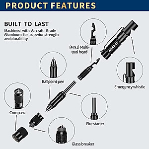 Gift for Men, ACKZOT Multitool Pen with Ballpoint Pen/Glass Breaker/Compass/Whistle/Fire Starter/Bottle Opener/Screwdriver, Cool Gadget for Camping / Survival, Unique Father's Day Gift