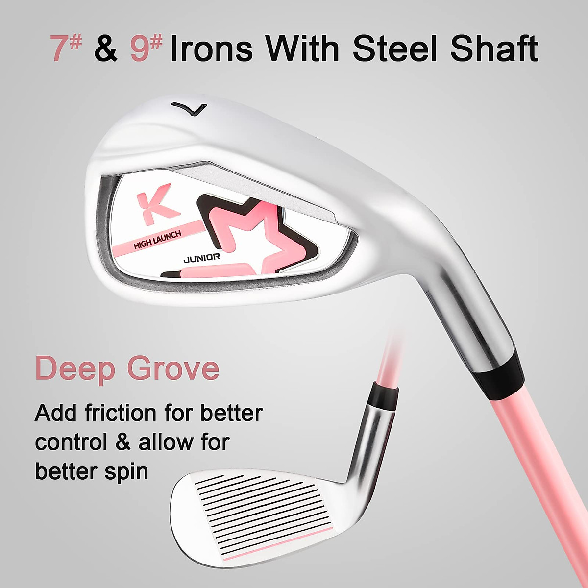 KVV Junior Complete Golf Club Set for Kids/Children Right Hand, 5-7 Years Old 4-Piece Set Includes 4# Hybrid, 7# & 9# Irons, Putter, Head Cover and Portable Golf Stand Bag(Pink 5-7)