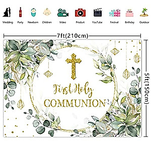 Wollmix 1st First Communion Baptism Decorations Backdrop 7x5ft God Bless Holy Communion Banner Christening Gold Dots Green Leaves Photography Background Baby Shower Banner Photo Booth Props