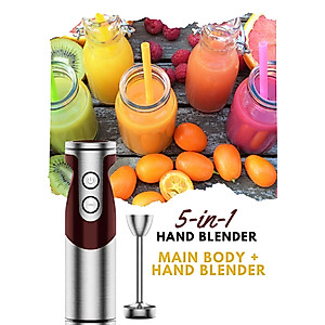 MegaWise 5-in-1 Hand Blender Set with Variable Speed Control, 400W Immersion Blender - Includes Whisk, Milk Frother, Chopper, and Beaker for Smoothies, Soups, and Baby Food (RED)