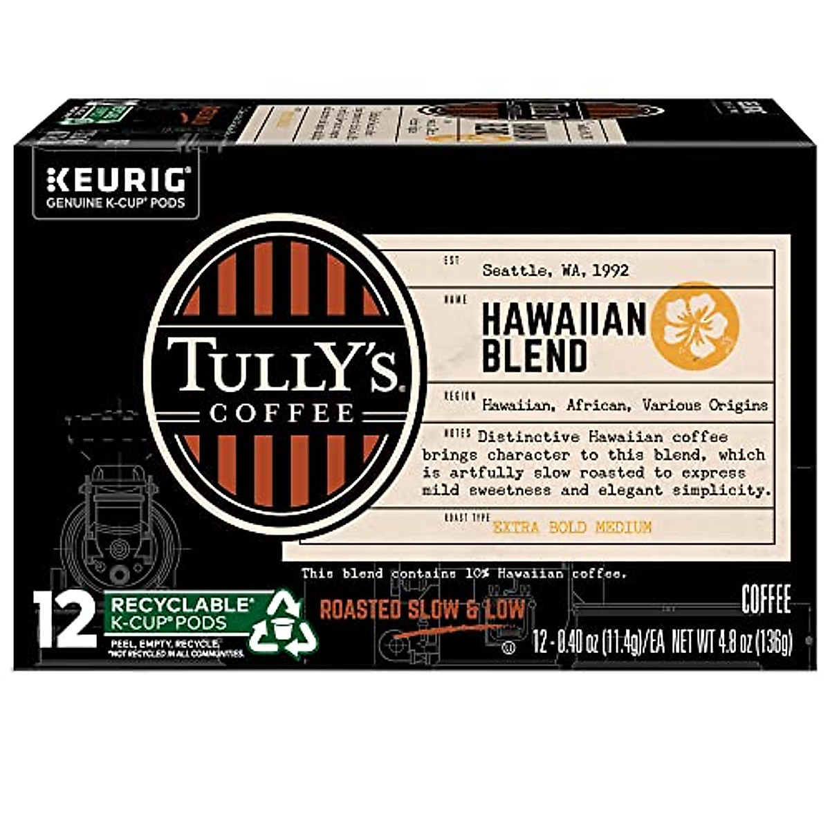 Tully's Coffee Hawaiian Blend Keurig Single-Serve K-Cup Pods, Medium Roast, 72 Count