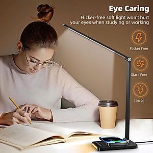 GTIMLMC Desk Lamp with Wireless Charger, LED Table Lamps for Home Office, USB Charging Port, Blue and Warm Bedside Night Light, Touch Dimmable, Eye-Caring, Timer, with Adapter, Black
