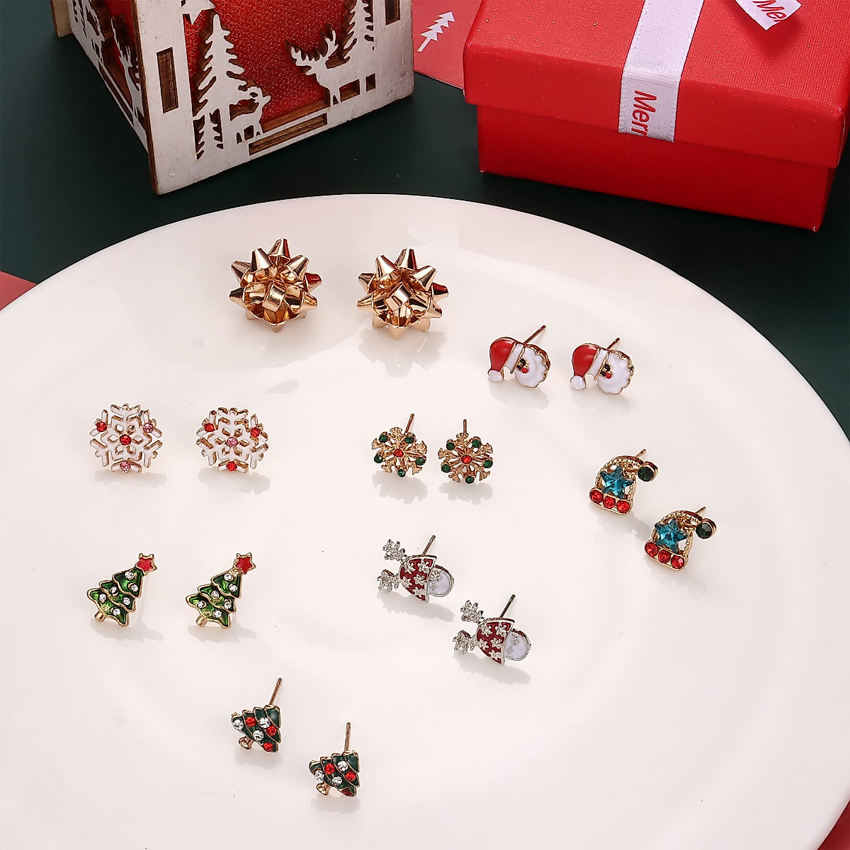 Fiasaso Christmas Earrings 16 Pairs Christmas Stud Dangle Earrings Set for Women Teen Hypoallergenic Snowman Santa Claus Christmas Tree Snowflake Earrings Christmas Holiday Jewelry Gift