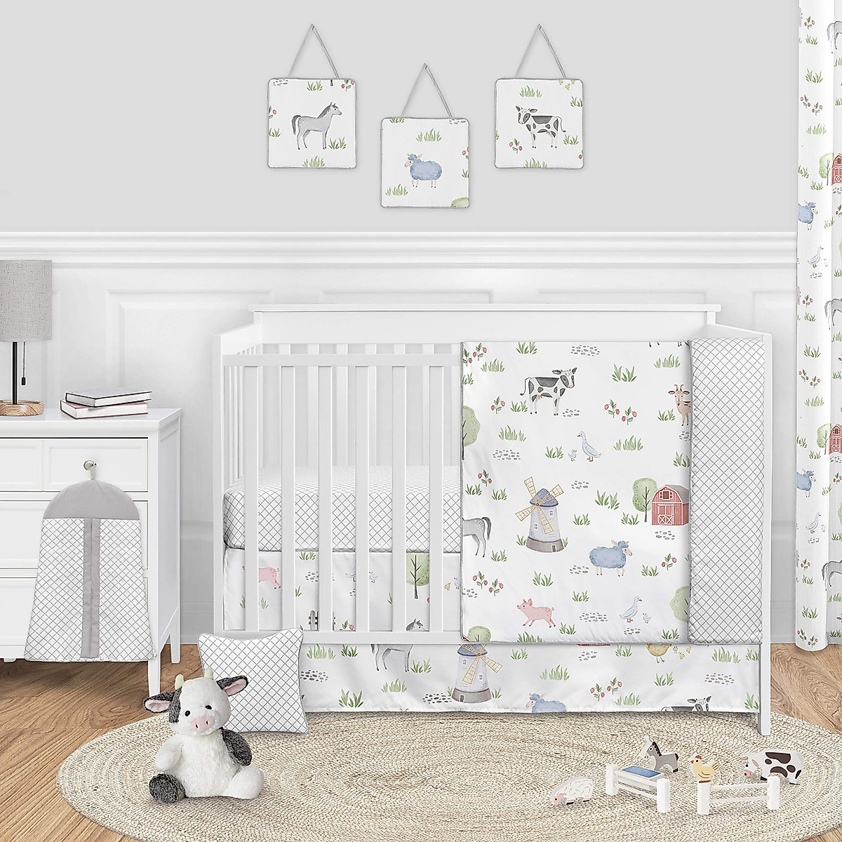 Sweet Jojo Designs Farm Animals Baby Boy or Girl Nursery Crib Bedding Set - 11 Pieces - Watercolor Farmhouse Lattice Horse Cow Sheep Pig