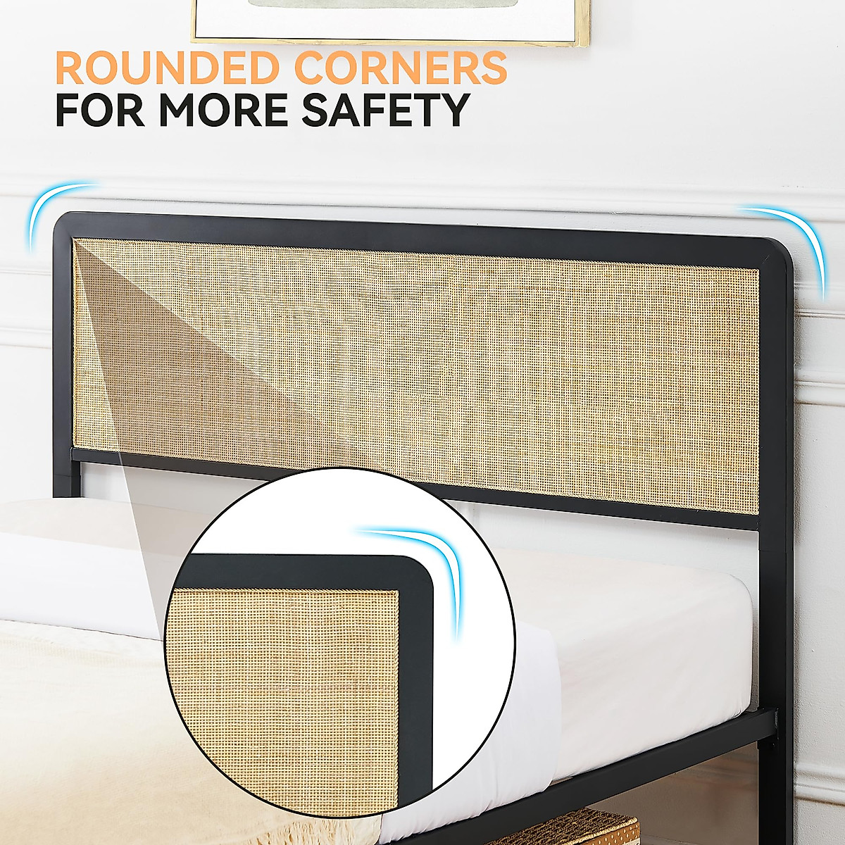 Alkmaar Full Size Metal Bed Frame with Rattan Headboard and Footboard, Platform Bed Frame with Safe Rounded Corners, Under Bed Storage, Strong Metal Slat Support, No Box Spring Needed