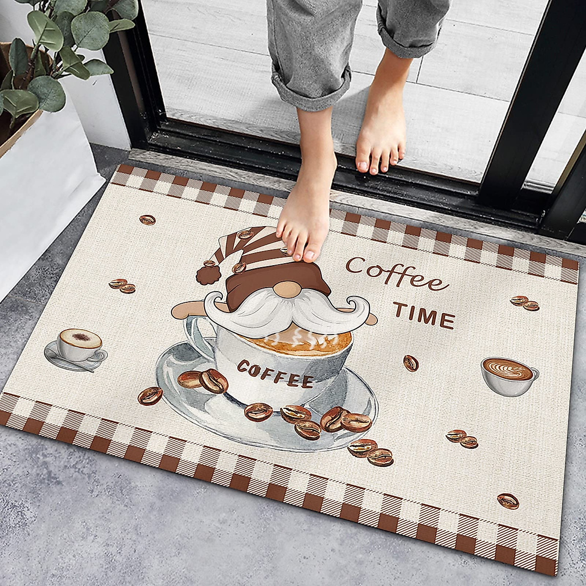 Indoor Doormat Absorbent Bath Rugs Entrance Non Slip Front Door Mat Gnome Coffee Bean Cup Time on Retro Kitchen Carpets Cafe Dwarf Buffalo Plaid Floor Mats for Bathroom Bedroom Living Room 16x24In