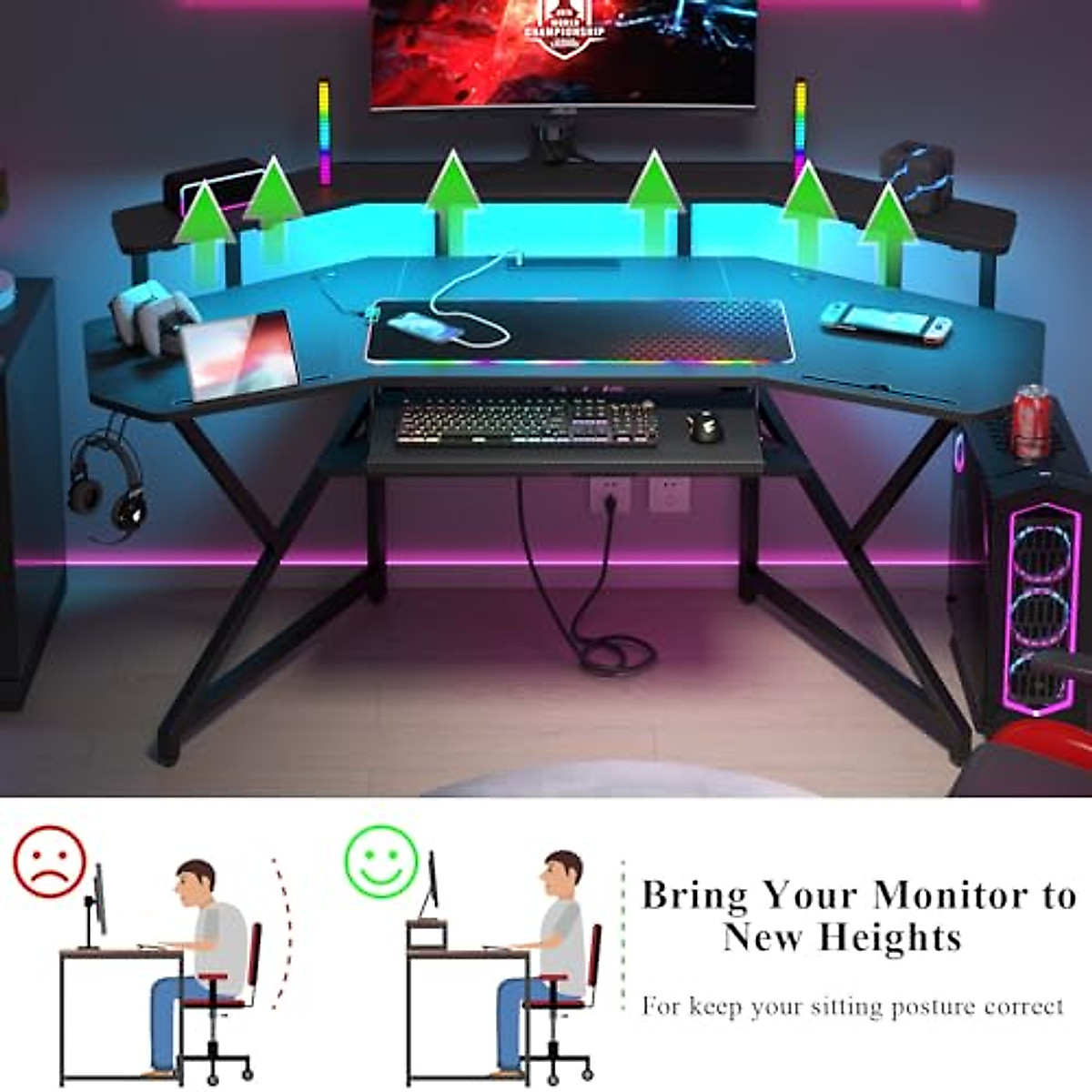 Auromie 72" Gaming Desk with Power Outlet & Led Strip, Large Wing-Shaped Computer Desk w Monitor Stand & Keyboard Tray & RGB Mouse Pad, Studio Desk w Storage Shelf Headphone Hook Cup Holder