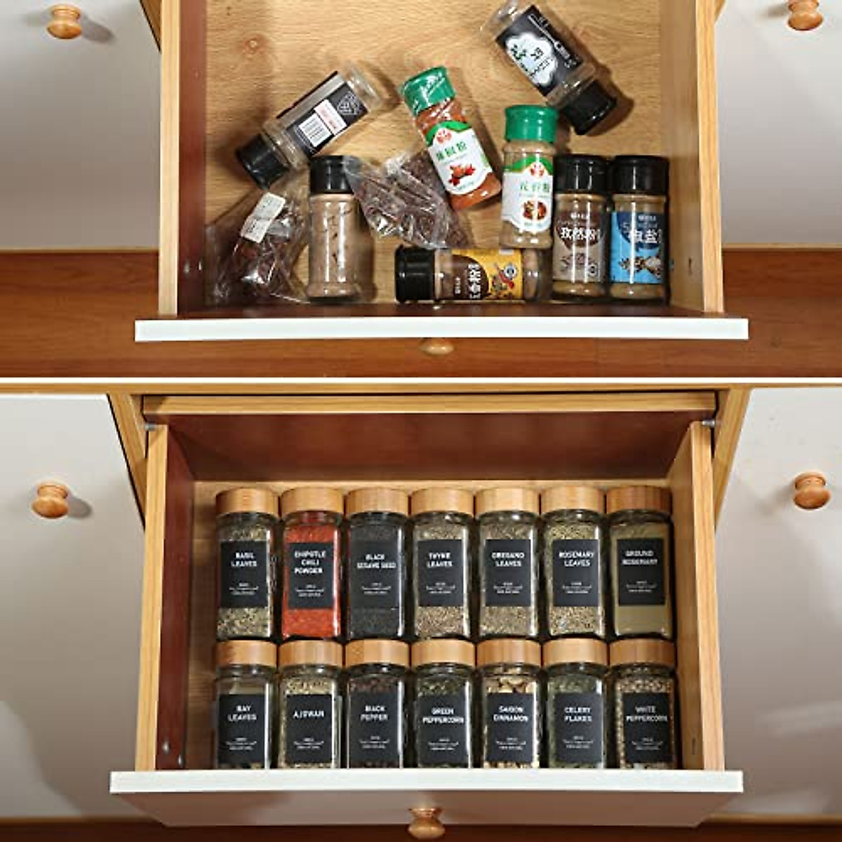 JARXSUN 24 Pcs Spice Jars with Bamboo Lids-4oz Glass Spice Jars with 4 of Sets Labels and Shaker Lids (24, 4 oz)