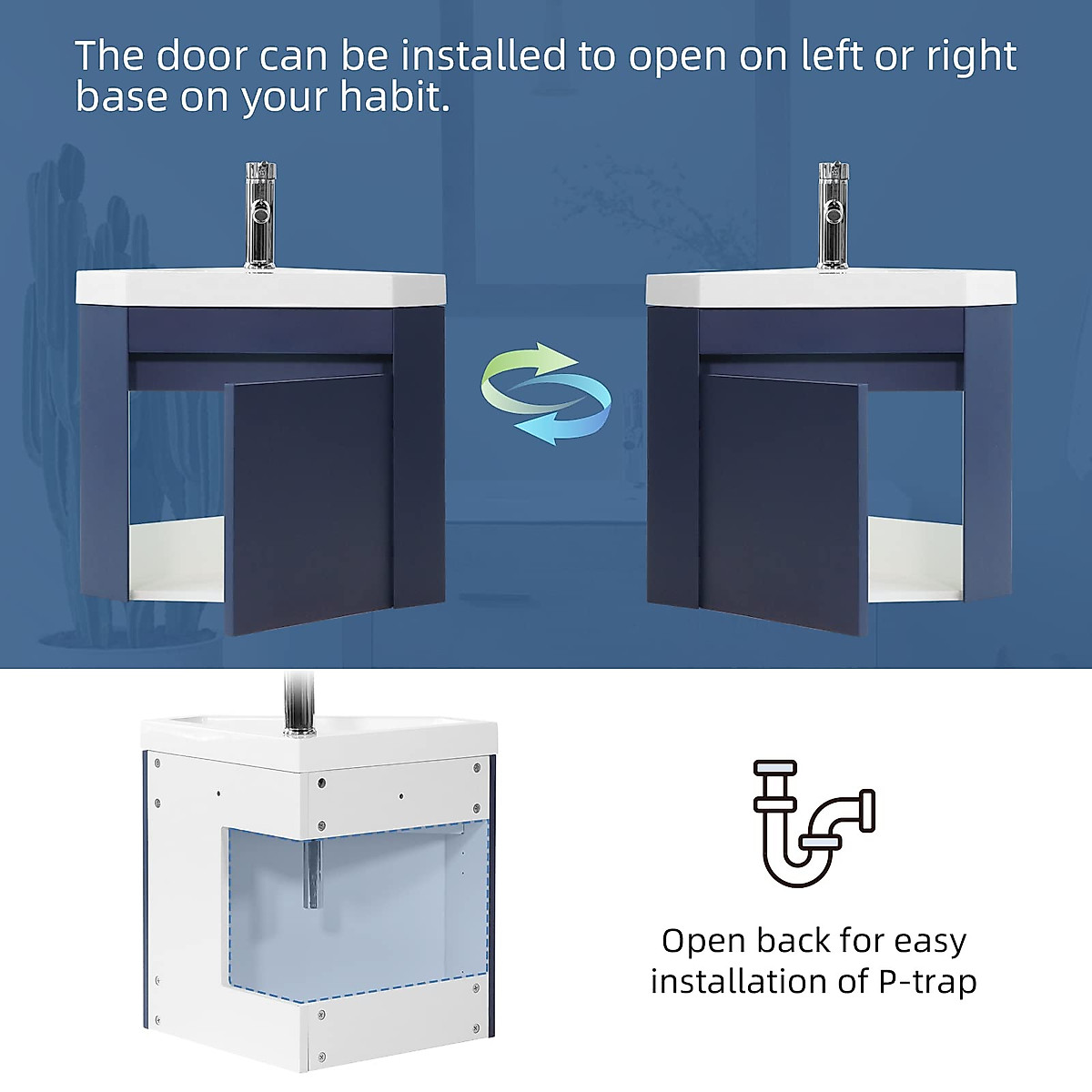 wonline 16" Corner Bathroom Vanity Sink Combo for Small Space Wall Mounted Cabinet Set Design Navy Resin Basin Sink Top Chrome Faucet and Drain