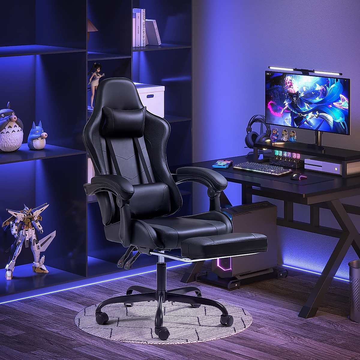 Shahoo Gaming Chair with Footrest and Massage Lumbar Support, Video Racing Seat Height Adjustable with 360°Swivel and Headrest for Office or Bedroom, Black