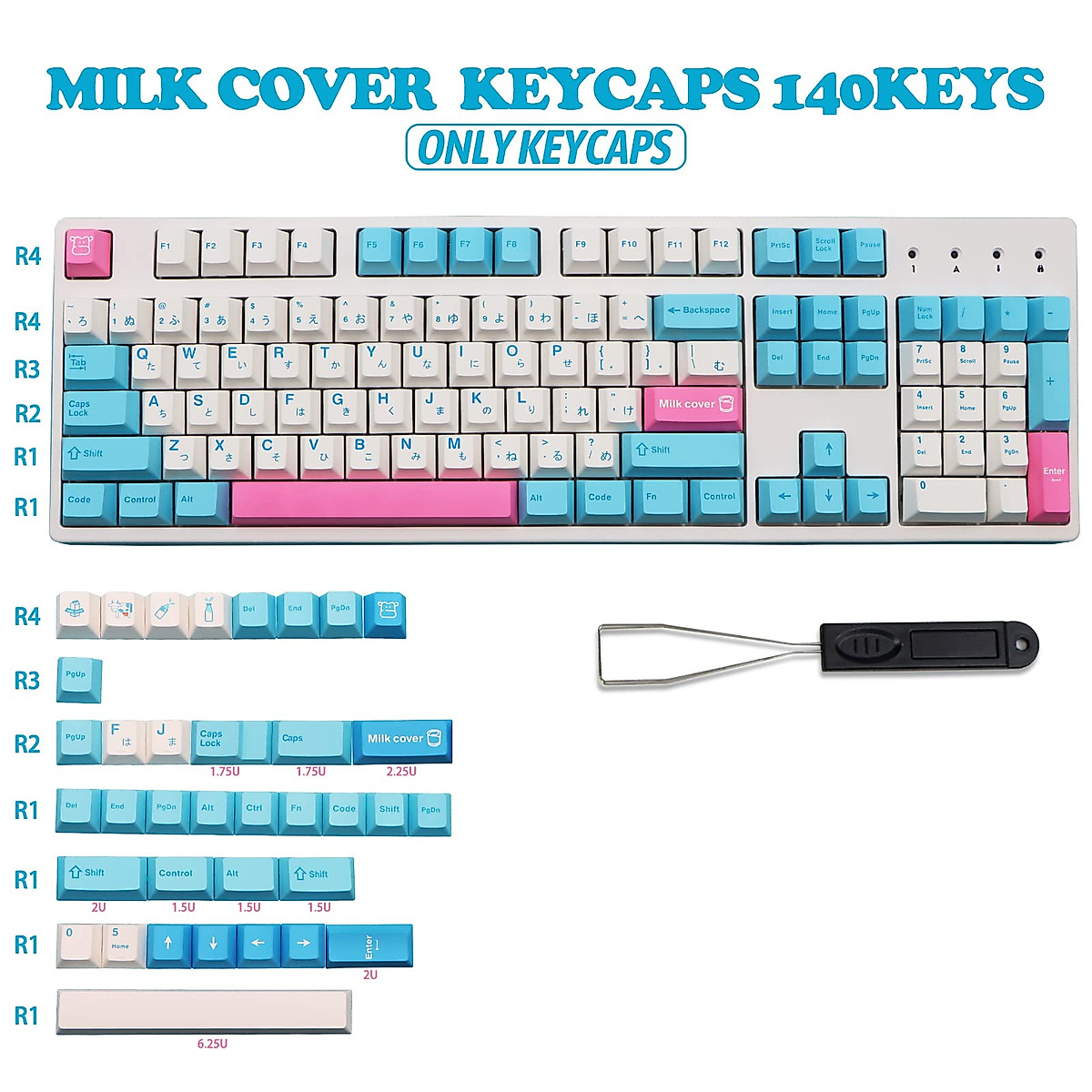 MOLGRIA Milk Cover Keycaps, PBT Keycaps 140 Set for Gaming Keyboard, Cherry Profile Dye Sublimation Custom Keycaps Japanese Font for Gateron Kailh Cherry MX 104/87/74/61 60 Keyboard ANSI Layout
