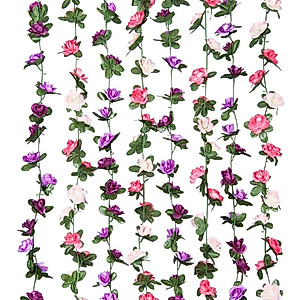 Artificial Flowers, 4 Pcs 32.8 FT Fake Rose Vine, Flower Garland, Hanging Artificial Flowers Greenery Plants for Wedding Birthday Party Decoration Outdoor Hotel Wall Table Bedroom Garden Home Decor