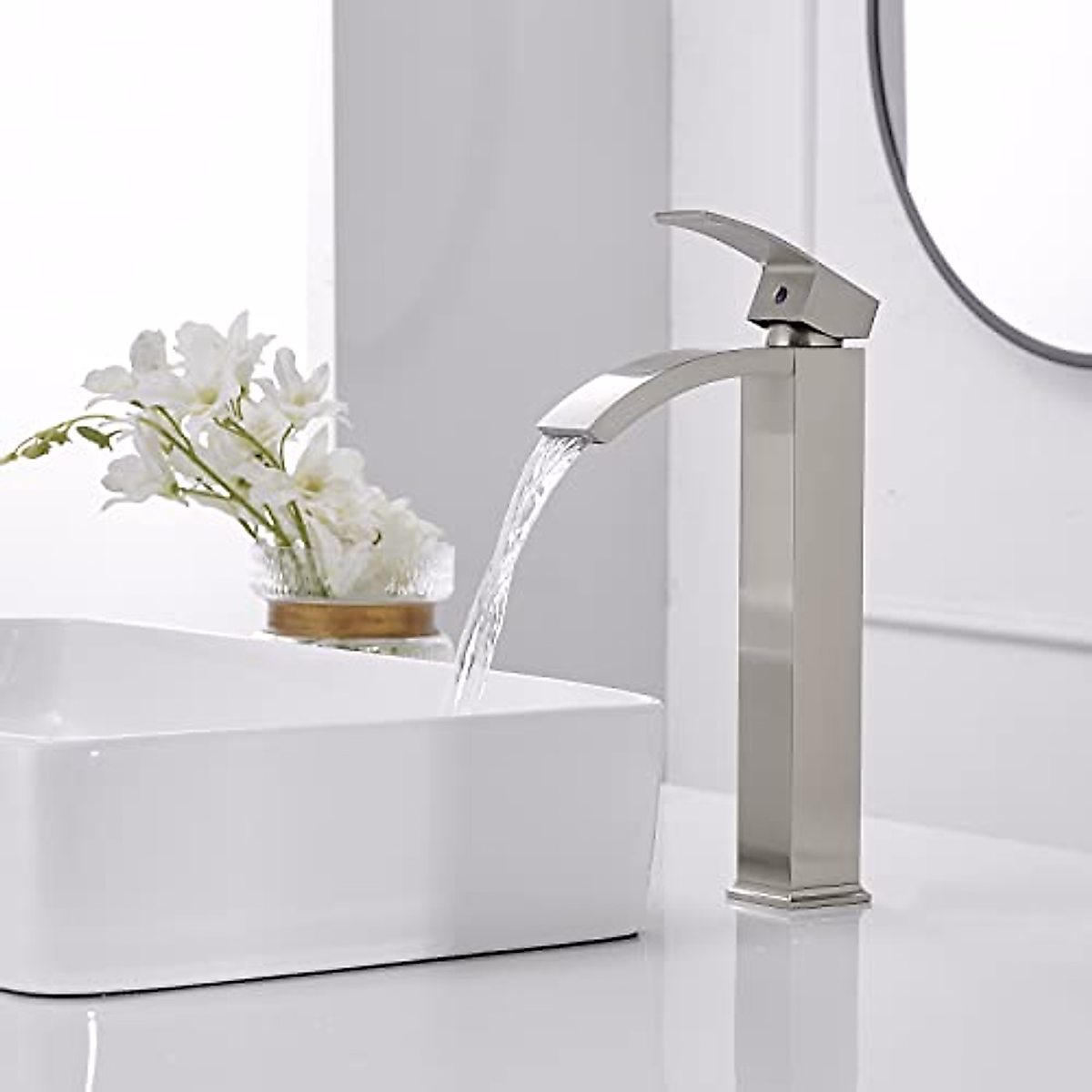 Greenspring Vessel Sink Faucet Brushed Nickel Tall Body Waterfall Spout Single Hole Single Handle Modern Commercial Bathroom Faucet with Pop Up Drain Without Overflow Supply Line Lead-Free