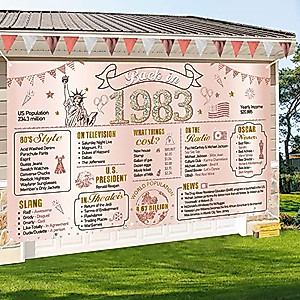 Large 40th Birthday Banner Backdrop Decoration for Women, Rose Gold Back in 1983 Happy 40th Birthday Background Sign Party Supplies, Pink Happy 40 Years Old Birthday Photo Props for Indoor Outdoor