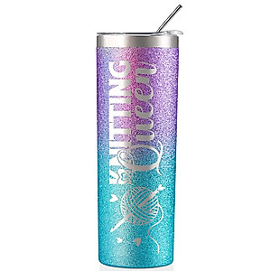 Onebttl Knitting Gifts for Women, Crochet Lovers - Knitting Queen - 20oz/590ml Stainless Steel Insulated Tumbler with Straw & Lid, Crochet Gift for Birthday, Christmas (Glitter Purple Blue)