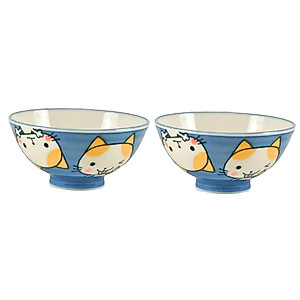 Needzo Cat Japanese Rice Bowl, Small Blue Ceramic Dish for Appetizers and Sides, Ramen and Soup Bowls, Set of 2, 4 Inches
