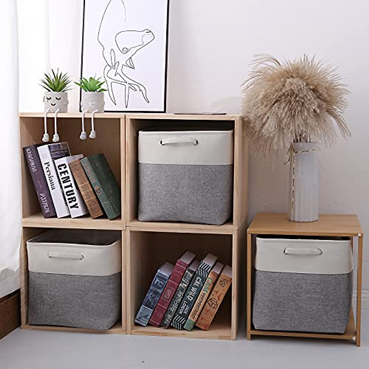 Huiru Extra Large Storage Baskets 3 Pack (13 × 13 × 13 inches) Foldable Cube Storage Bins Large Collapsible Organizer Baskets with Handles for Home Nursery Organization (Grey/White)